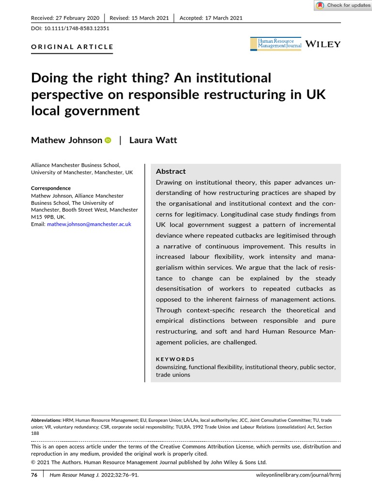 Human Res MGMT Journal - 2021 - Johnson - Doing The Right Thing An Institutional Perspective On ...