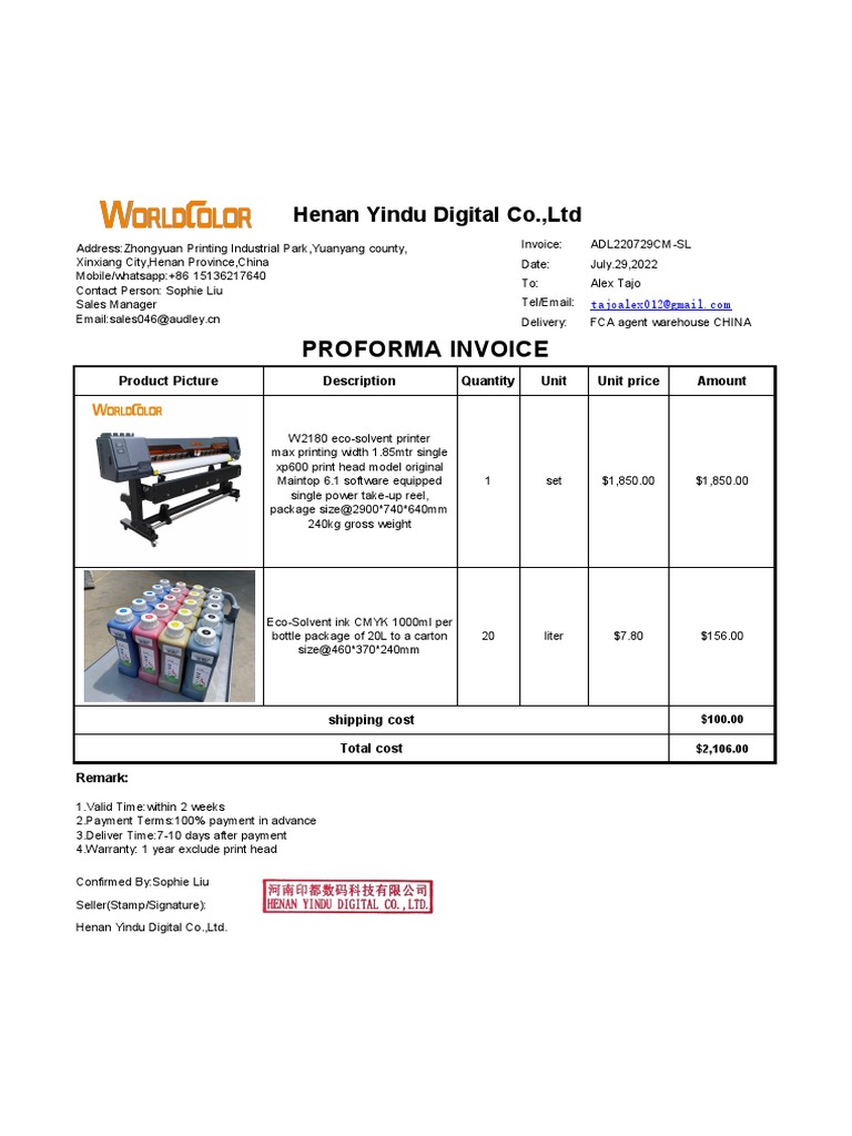 Proforma Invoice from Henan Yindu Digital | PDF