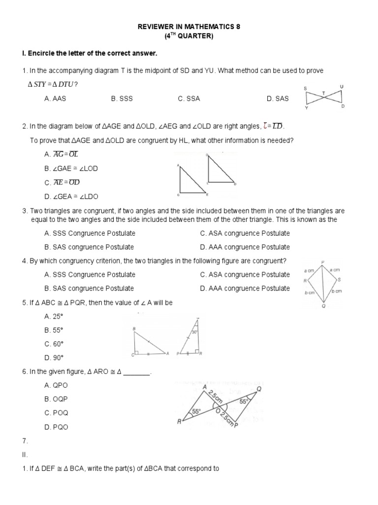 Math Reviewer Triangle Congruence | PDF