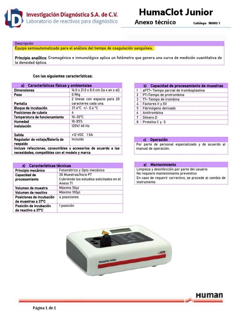 HumaClot Junior: Análisis de Coagulación | PDF | Sangre | Tejido (biología)