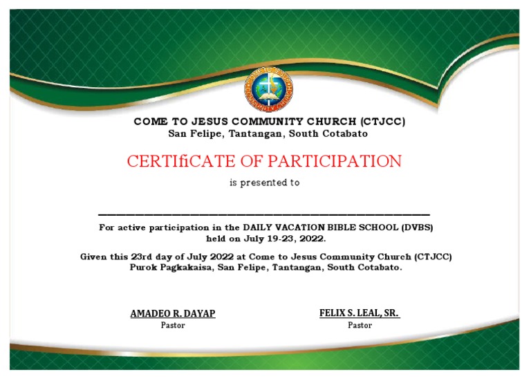 DVBS Certificate of Participation 2022 | PDF | Wellness