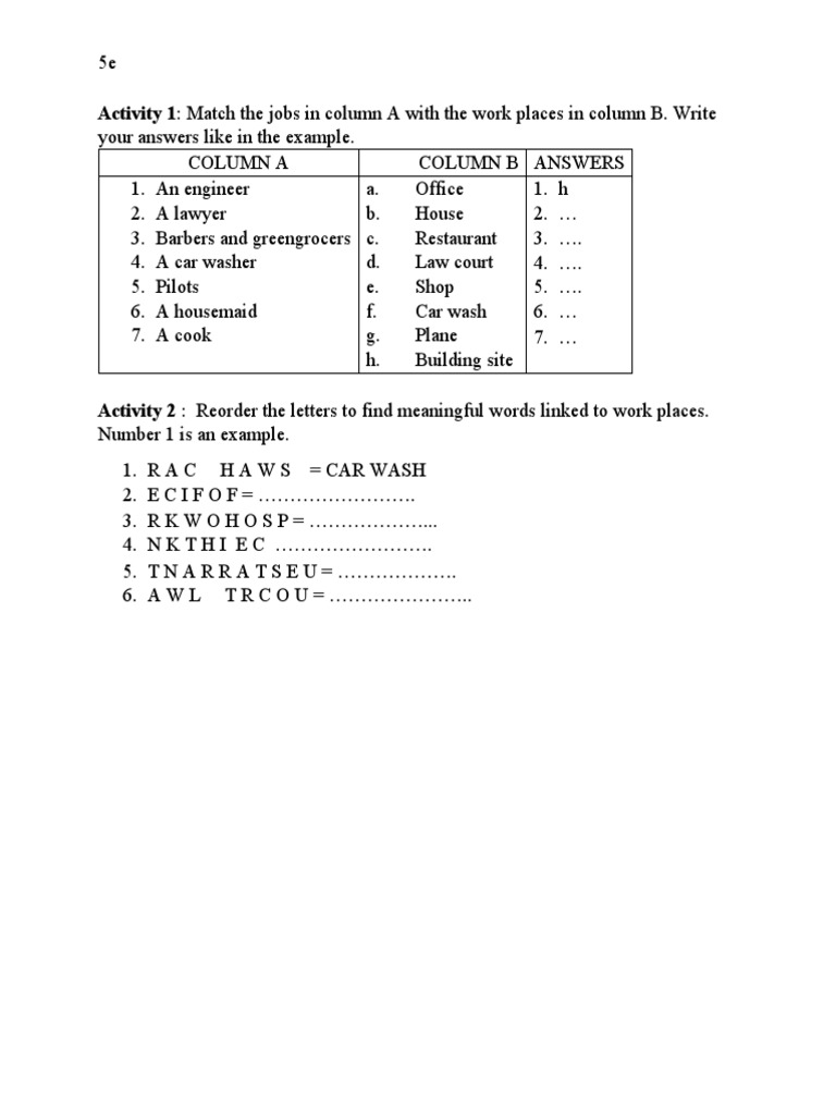 Activity 1: Match The Jobs in Column A With The Work Places in Column B ...