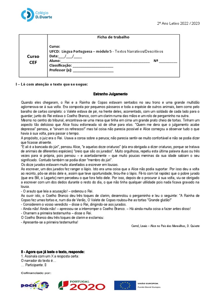 Ficha de Trabalho Mod 5 | PDF | Alice no País das Maravilhas