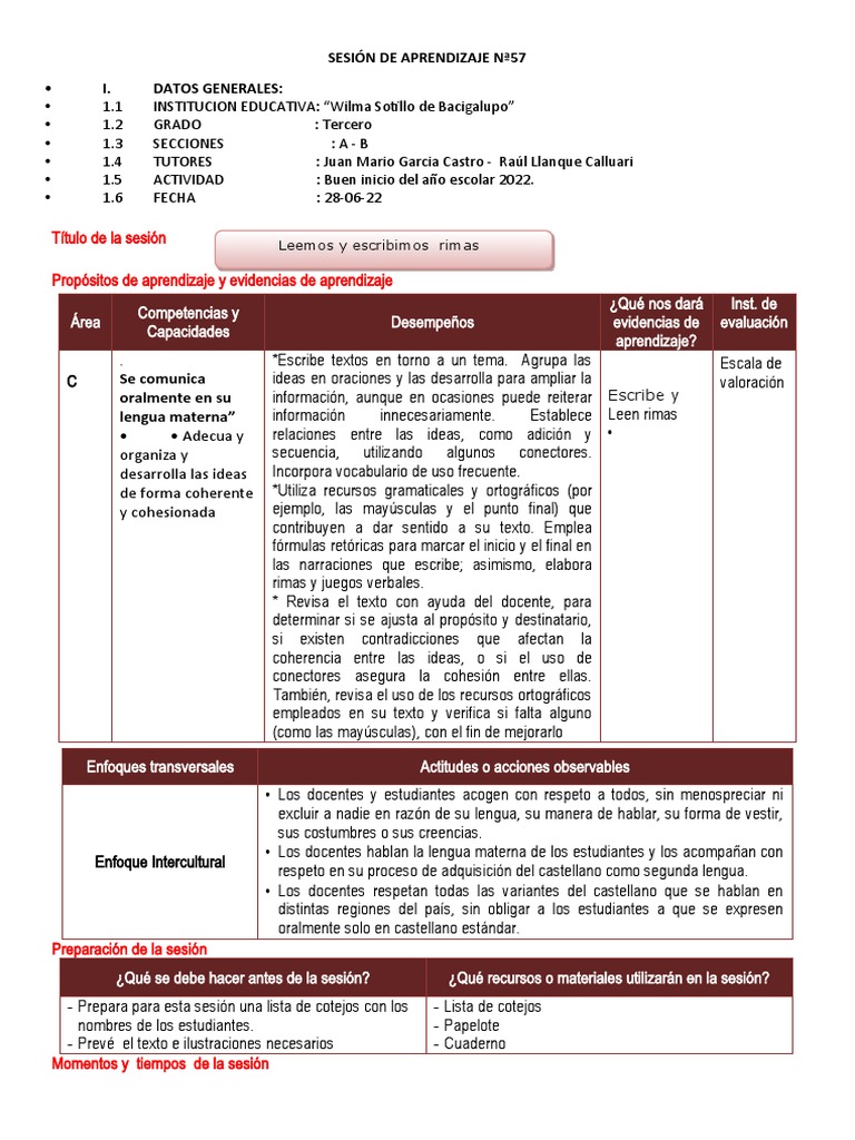 Sesión de Aprendizaje N 57 | PDF | Enseñando | Aprendizaje