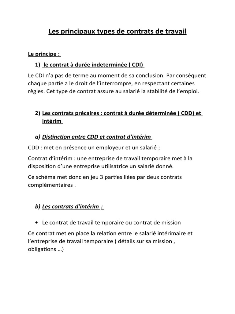 Les Principaux Types de Contrats de Travail | PDF