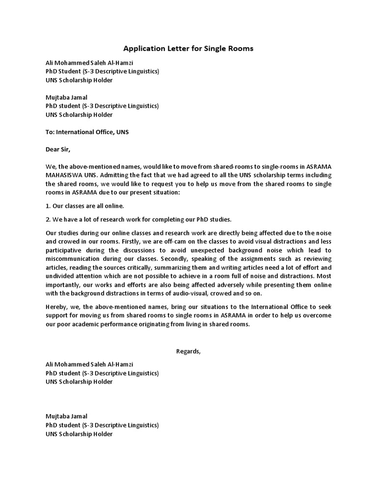Request for Single Room Accommodation | PDF | Foreign Language Studies