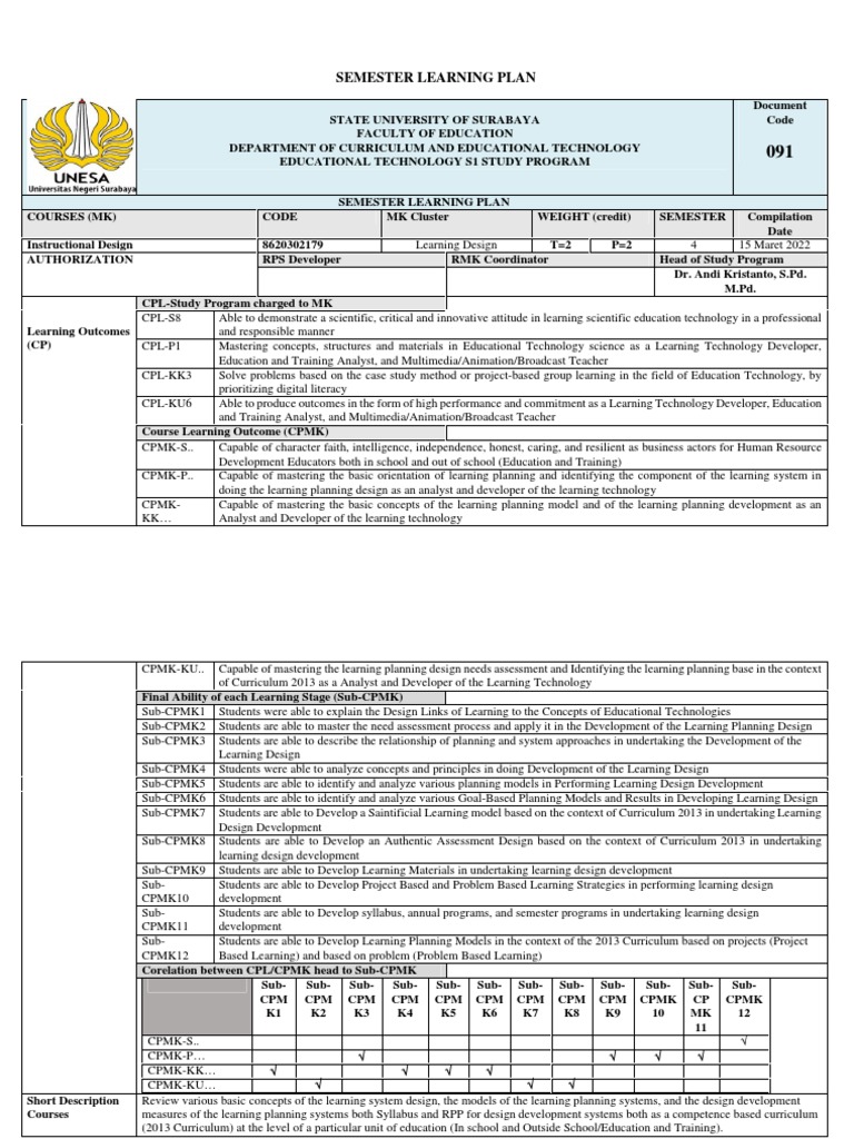 Semester Learning Plan Overview | PDF | Instructional Design ...