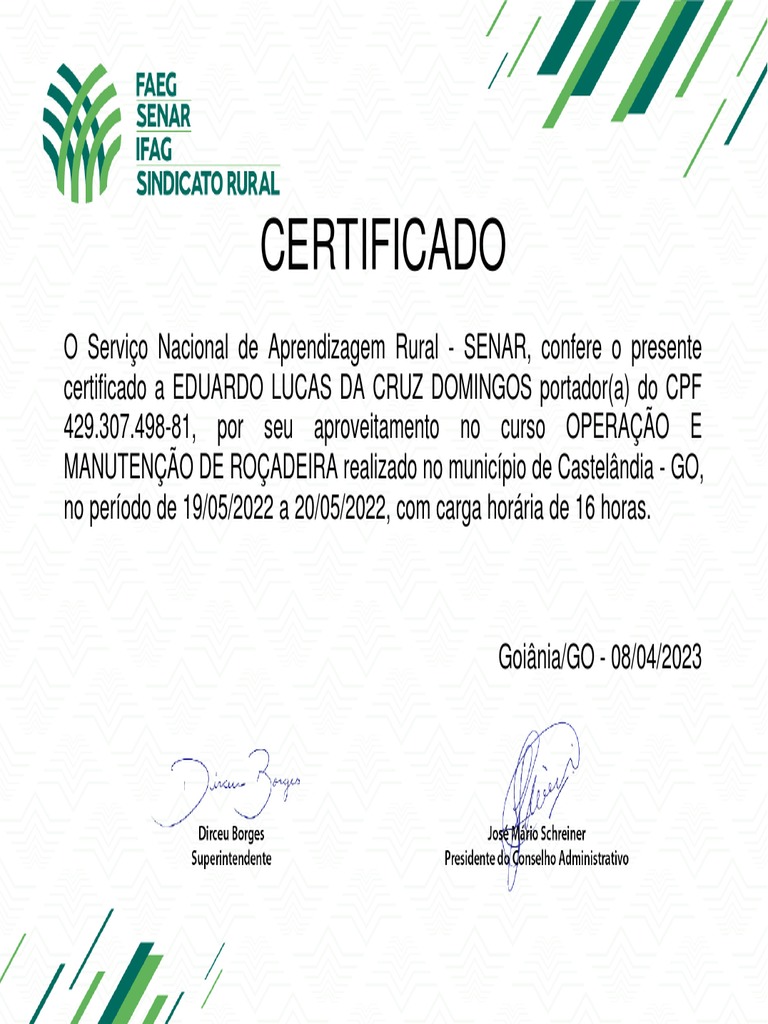 Certificado de Curso SENAR - Roçadeira | PDF
