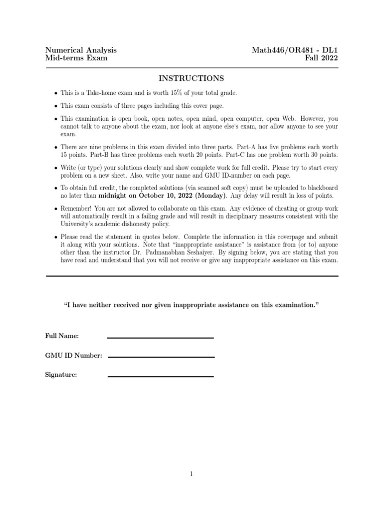 Numerical Analysis Math446/OR481 - DL1 Mid-Terms Exam Fall 2022 | PDF ...