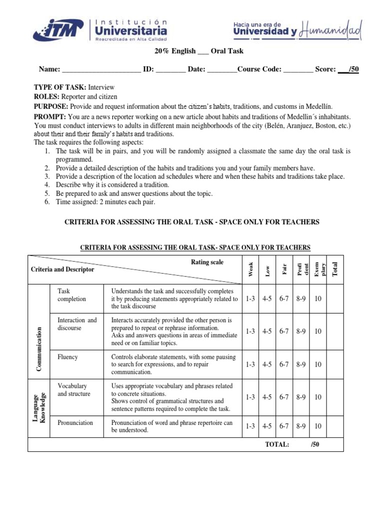 Medellín Oral Interview Task Guide | PDF | Question | Fluency