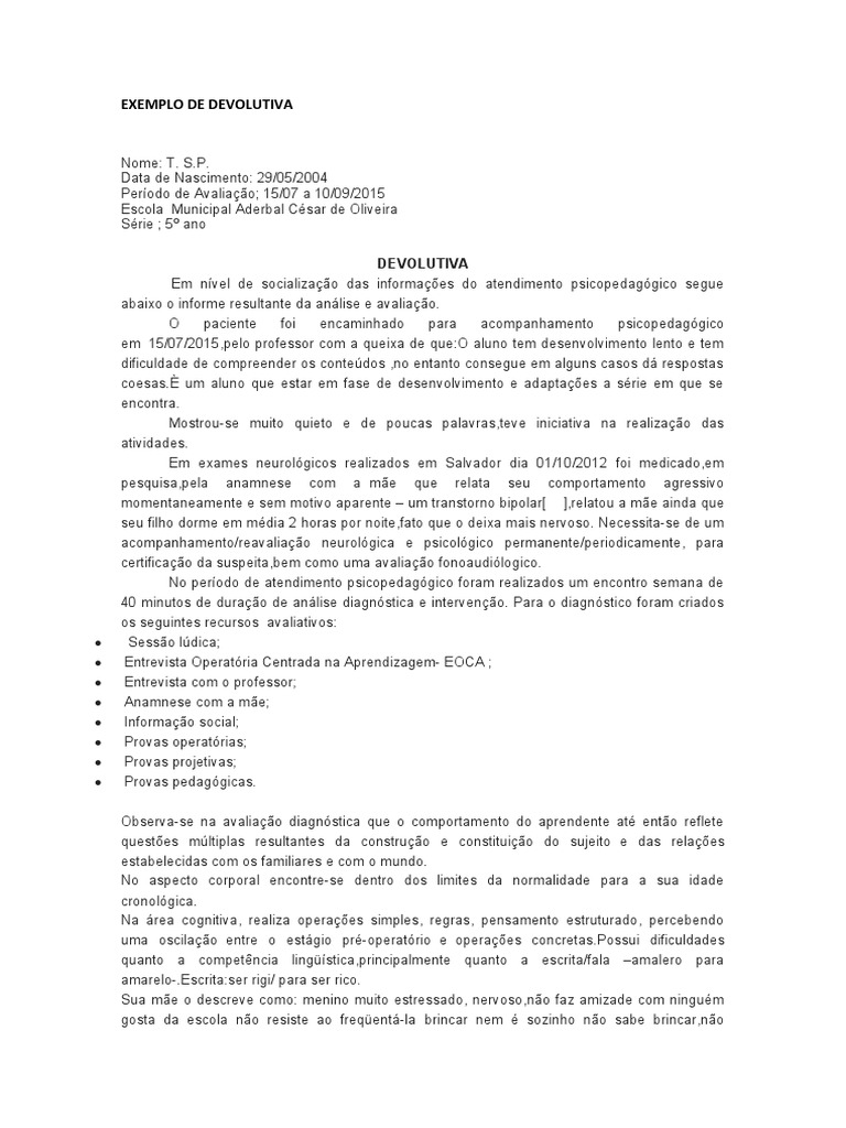 Exemplo de Devolutiva | PDF | Aprendizado | Pedagogia