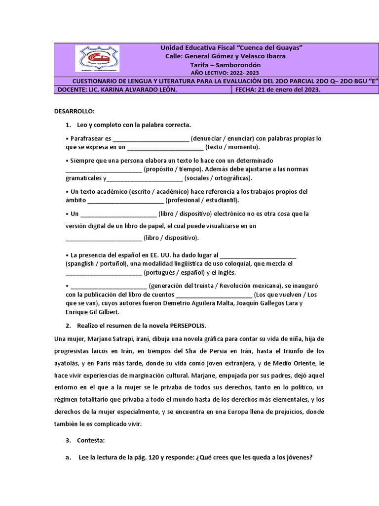 2DO BGU E. CUESTIONARIO DE LYL. Karina Alvarado. | PDF