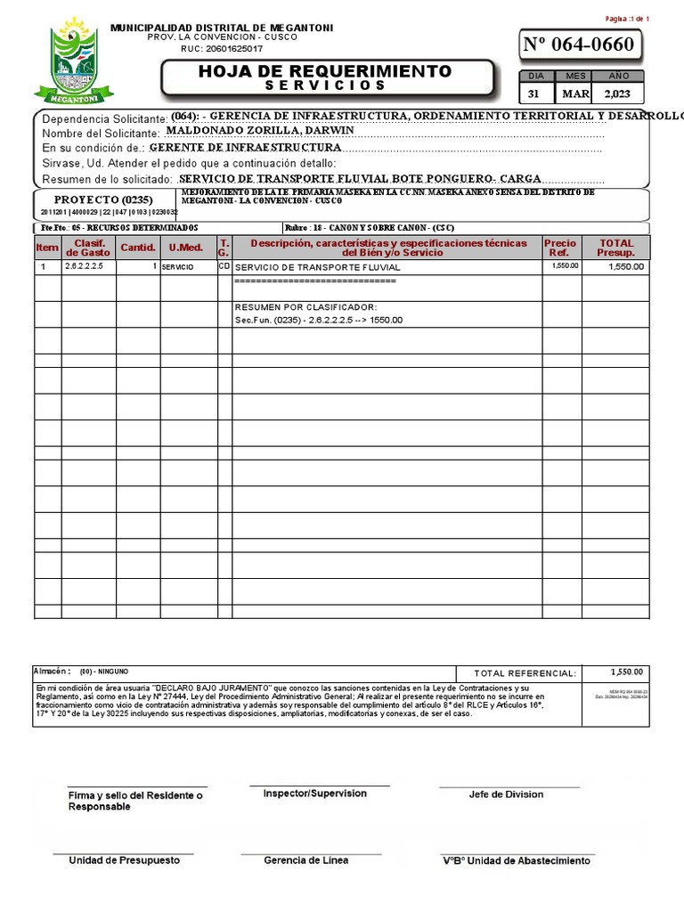 Hoja de Requerimiento: Servicios | PDF