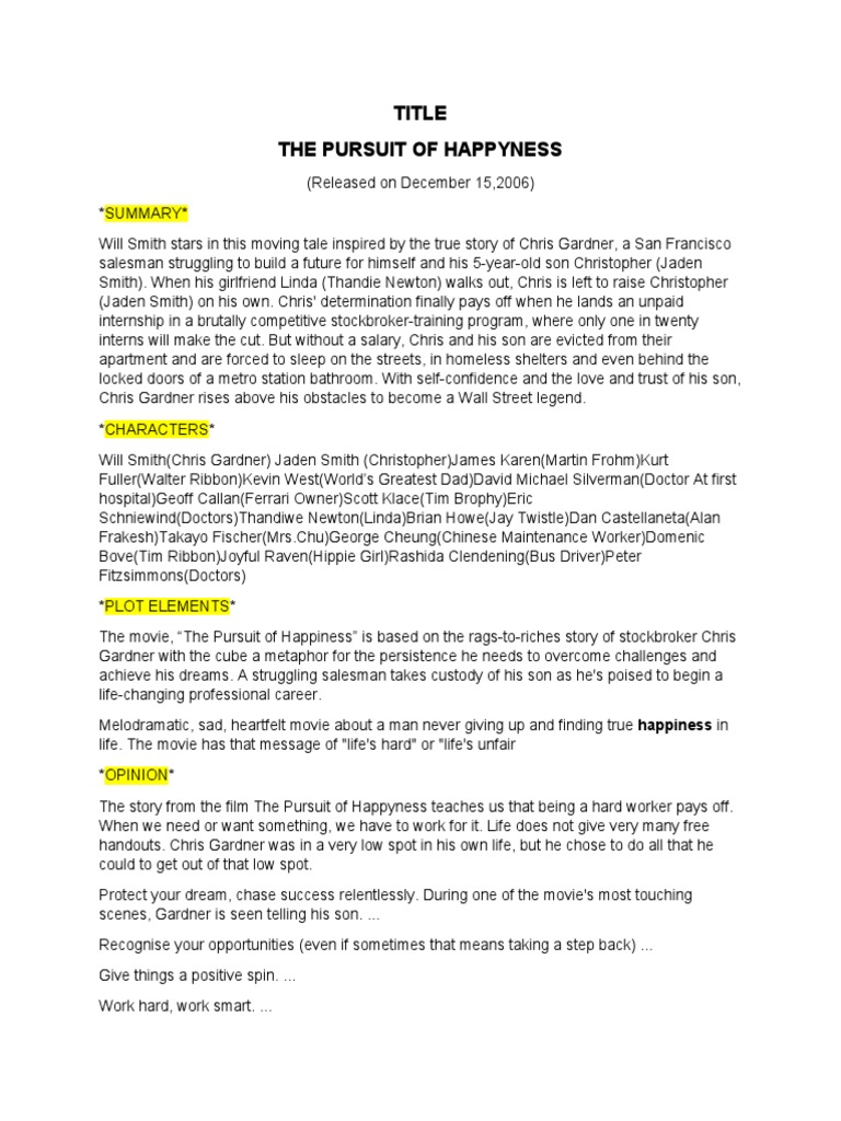 Summary of The Pursuit of Happyness | PDF | Happiness | Psychological ...