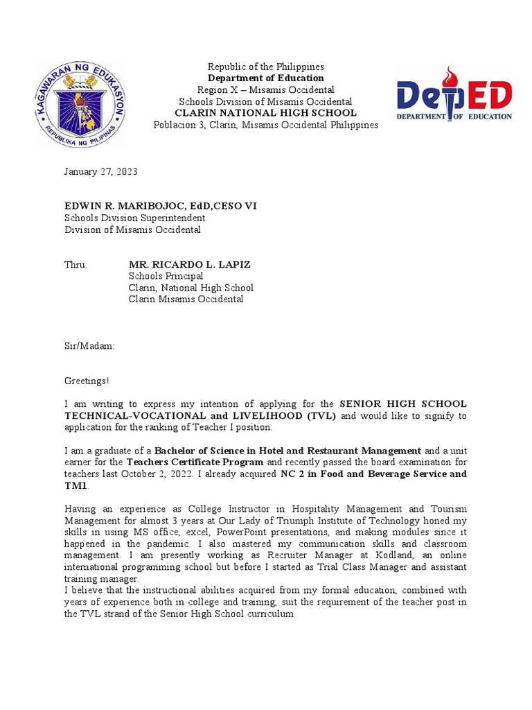 Letter of Intent for Teacher I Position | PDF | Wellness