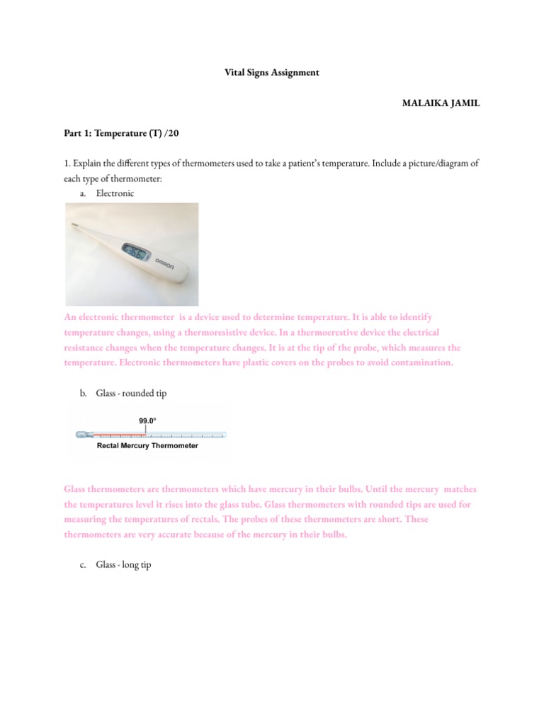 Vital Signs Assignment Malaika Jamil Part 1: Temperature (T) /20 | PDF ...