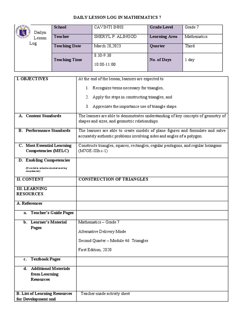 Constructing Triangles in Grade 7 Math | PDF | Triangle | Shape