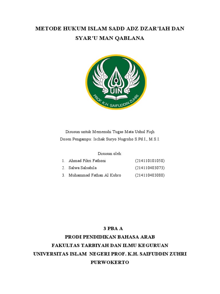 Metode Hukum Islam Sadd Adz Dzar'Iah Dan Syar'U Man Qablana | PDF ...