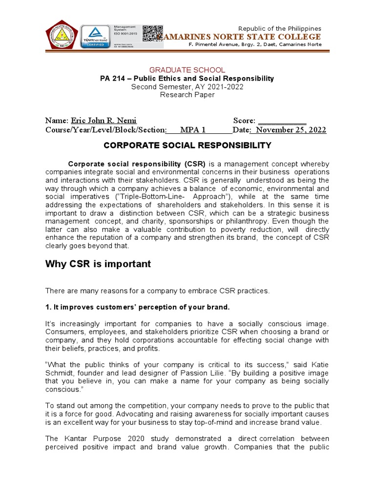 Eric John R Nemi-Pa214 (CSR) 1 | PDF | Corporate Social Responsibility | Business