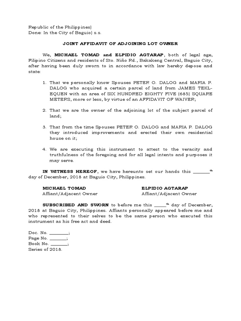 Joint Affidavit of Adjoining Lot Owner | PDF