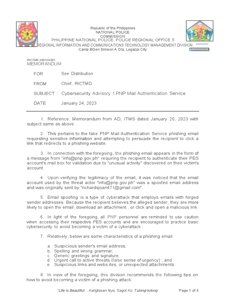 Cybersecurity Advisory - PNP Mail Authentication Service | PDF ...