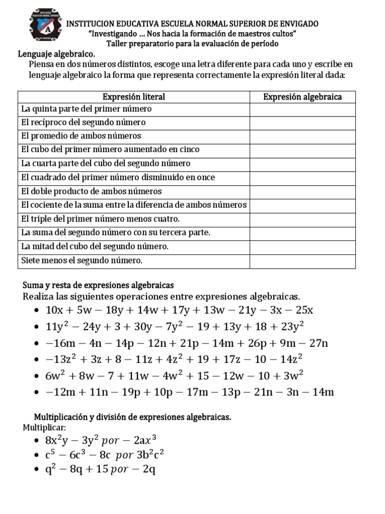 Taller de álgebra: Ejercicios de expresiones algebraicas, ecuaciones y operaciones | PDF ...