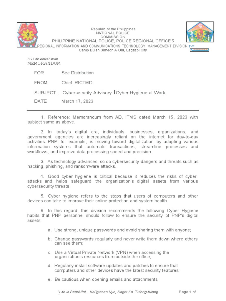 Cybersecurity Advisory I Cyber Hygiene at Work | PDF | Security ...