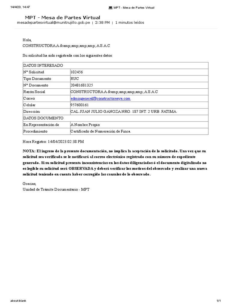 ? MPT - Mesa de Partes Virtual Solicitud Unidad 13 - Dean Saavedra 208 ...