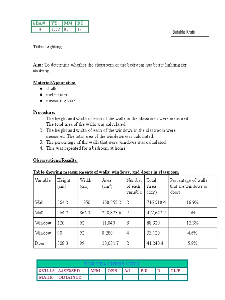 SBA #8 - Lighting | PDF | Classroom | Cognition