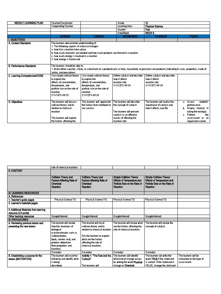 Physical Science DLP Q1W5 | PDF | Reaction Rate | Chemical Reactions