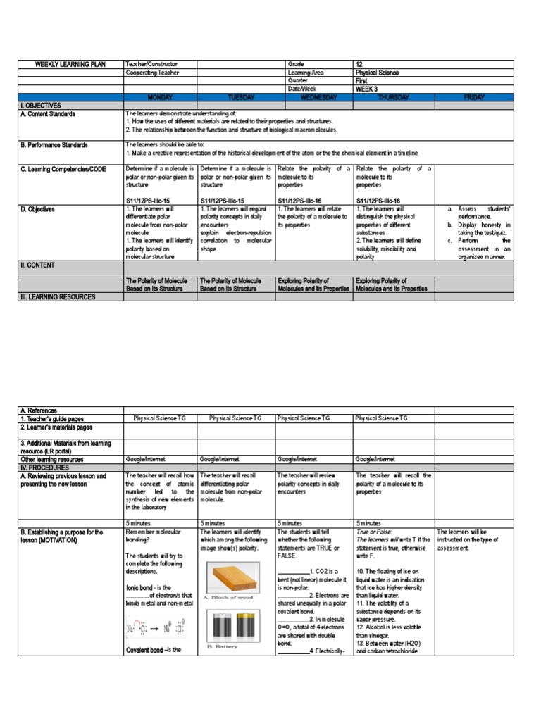 Physical Science DLP Q1W2 | PDF | Chemical Polarity | Chemical Bond