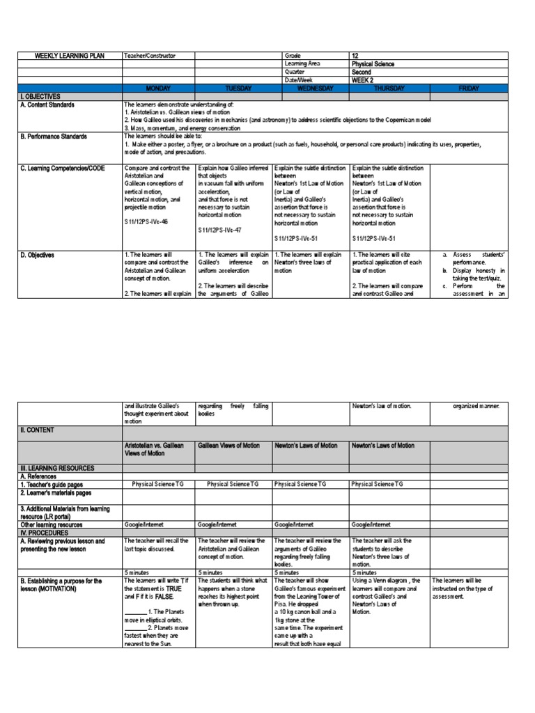 Physical Science DLP Q2W2 | PDF | Inertia | Force