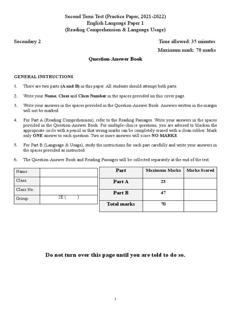 S2 Practice Paper - Eng 2nd Term Test - Q-A Book | PDF | Doping In ...