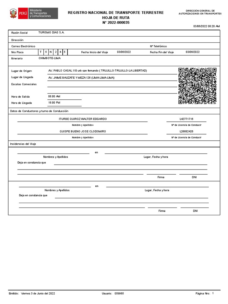 Registro Nacional de Transporte Terrestre Hoja de Ruta #2022-000035 | PDF