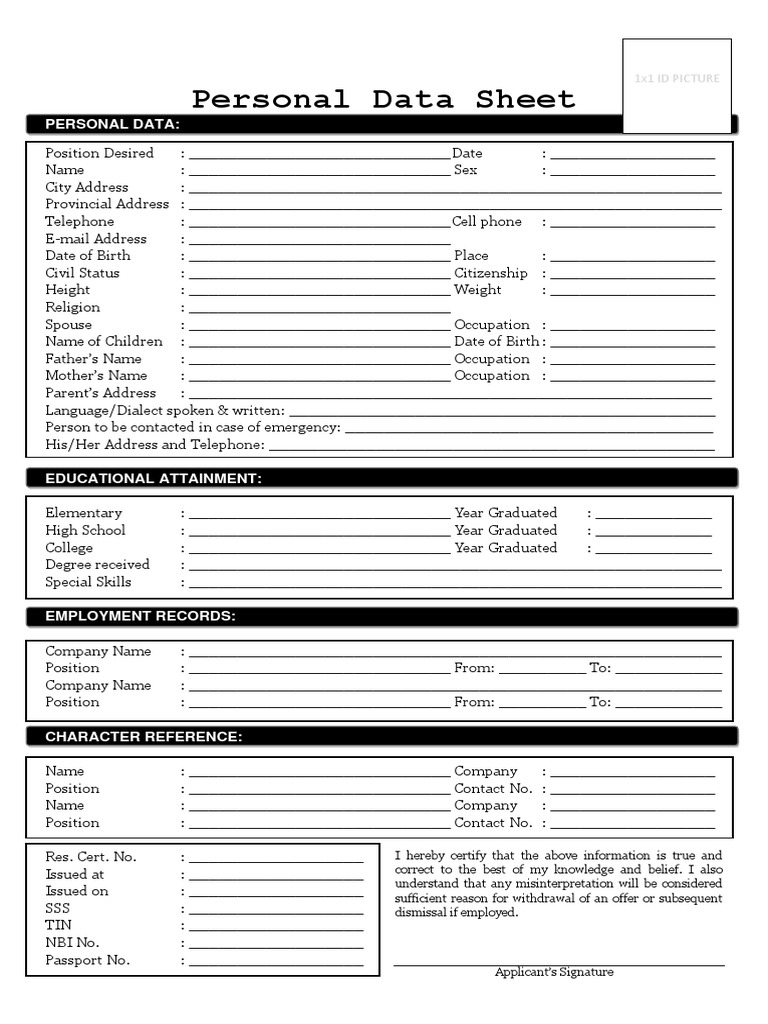 Personal Data Sheer - Blank | PDF | Government And Personhood