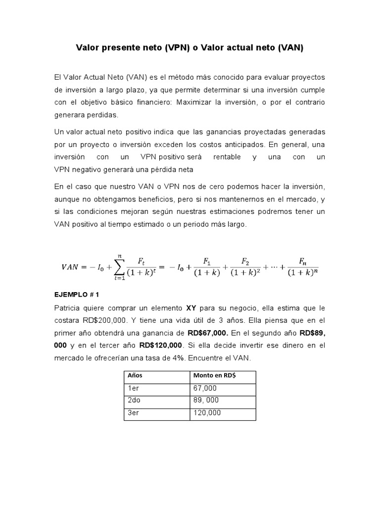 Valor Presente Neto (VPN) o Valor Actual Neto (VAN) - 2023 - Seccion0607 | Descargar gratis PDF ...