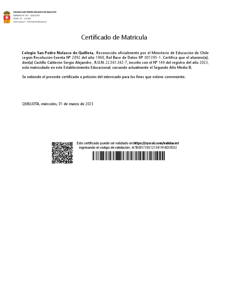 Certificado de Matrícula | PDF