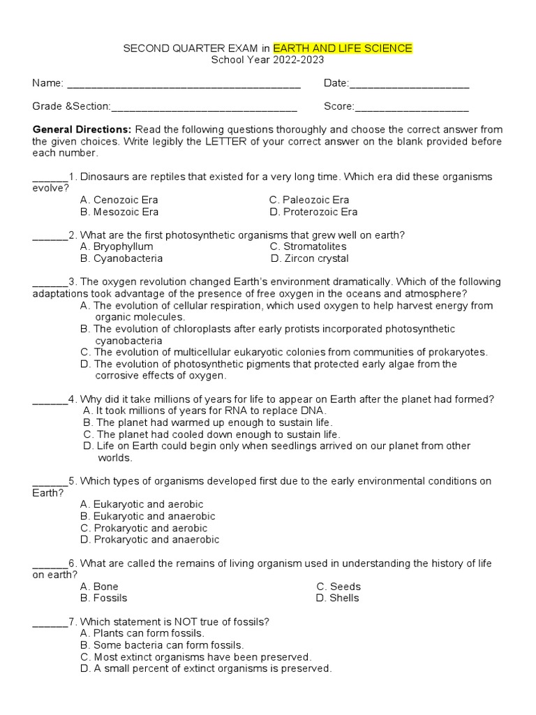 Grade 11 Earth and Life Science Exam | PDF | Organisms | Life