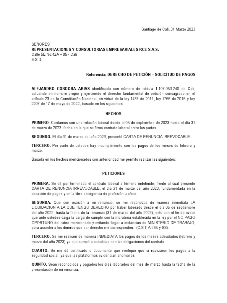 Formato Derecho de Peticion Colombia | PDF | Petición | Constitución