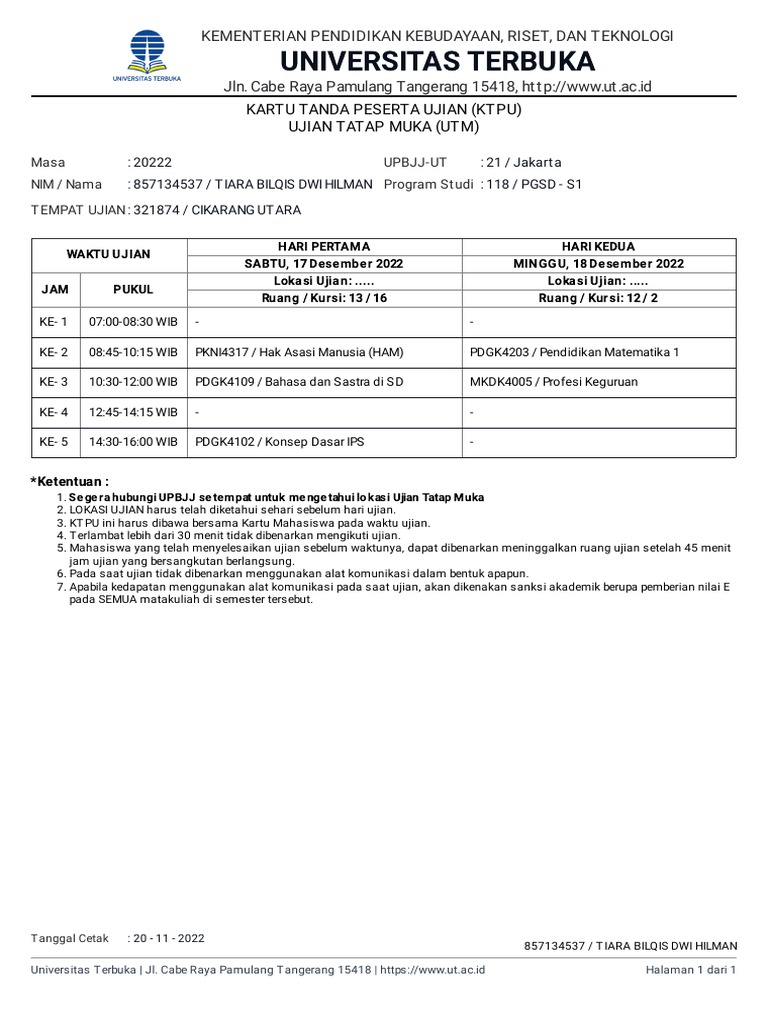 Universitas Terbuka: Kartu Tanda Peserta Ujian (Ktpu) Ujian Tatap Muka (Utm) | PDF