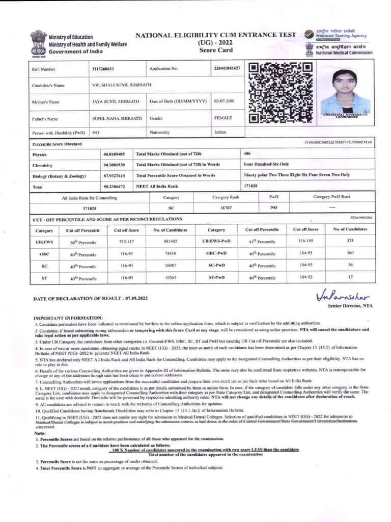 Neet Marksheet | PDF