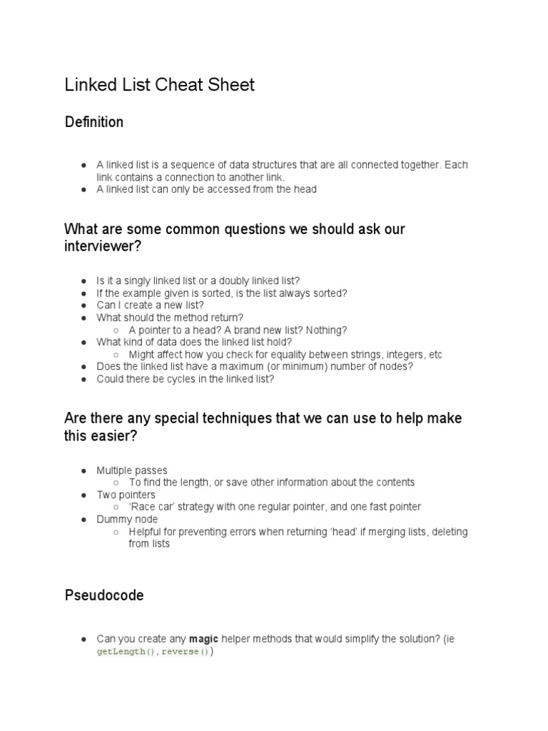 Linked List Cheat Sheet | PDF | Pointer (Computer Programming ... Linked List Cheat Sheet | PDF | Pointer (Computer Programming ...