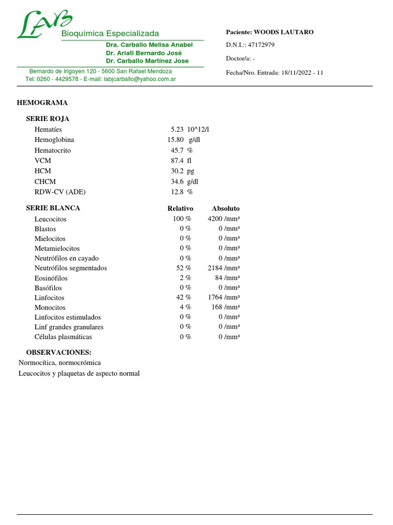 Análisis bioquímico completo | PDF | Leucocito | Biología