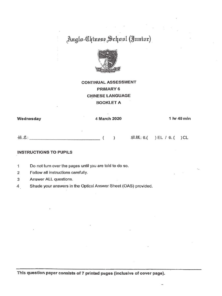 P6 Chinese 2020 CA1 Anglo Chinese Exam Paper | PDF