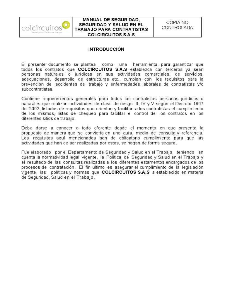 Manual de SST para Contratistas | PDF | Riesgo | Residuos