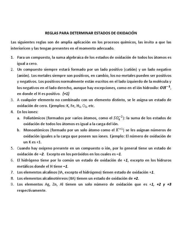 Reglas para Determinar Estados de Oxidación | PDF