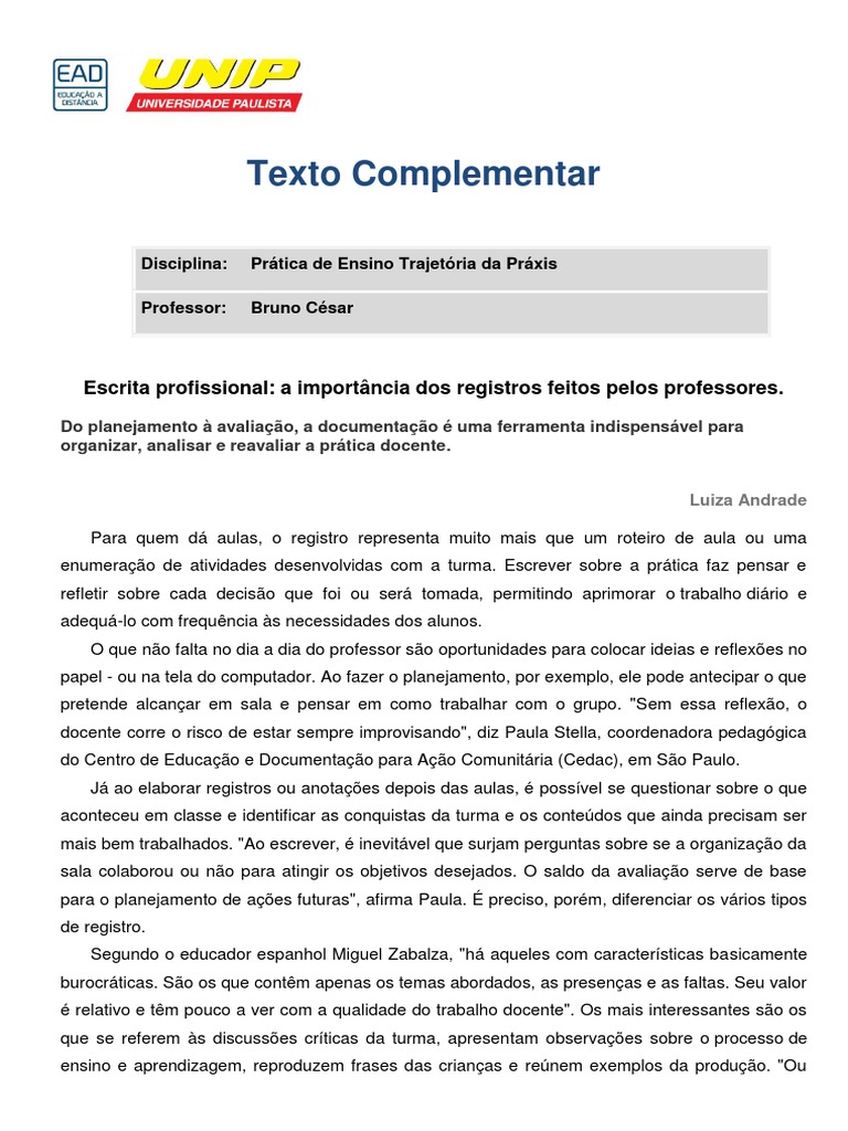 Texto Complementar - Letras | PDF | Pedagogia | Aprendizado