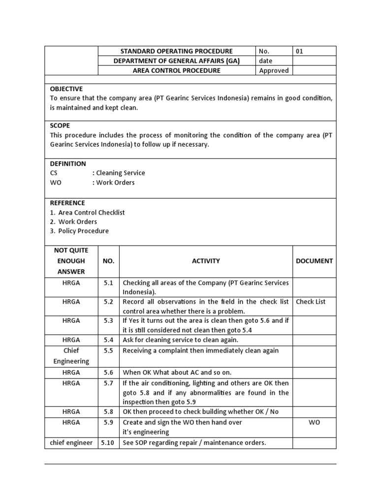 Maintaining Company Facilities: A Standard Operating Procedure for Area ...