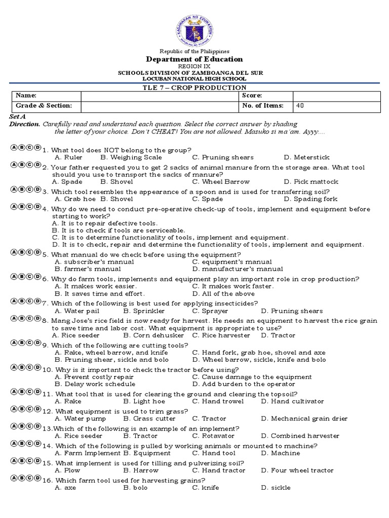 Tle 7 Agri Crop Production | PDF | Agriculture | Plough