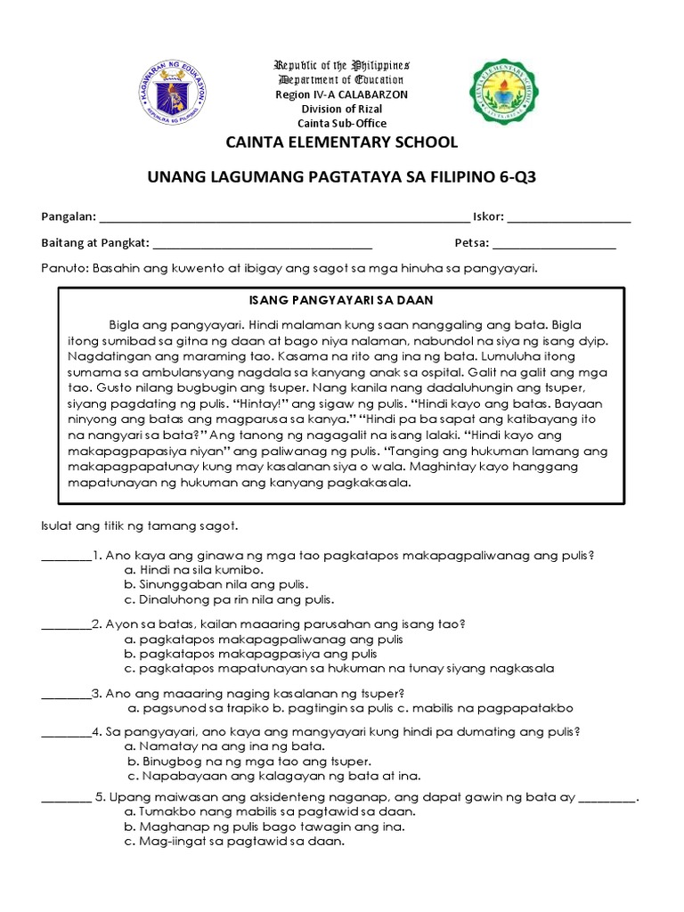 First Summative Test - Filipino - Q3 | PDF
